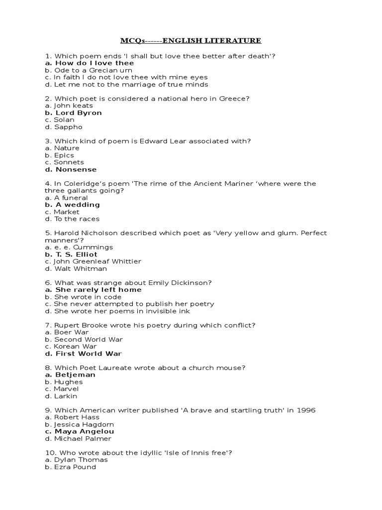 MCQs Literature | PDF | Poetry | William Shakespeare