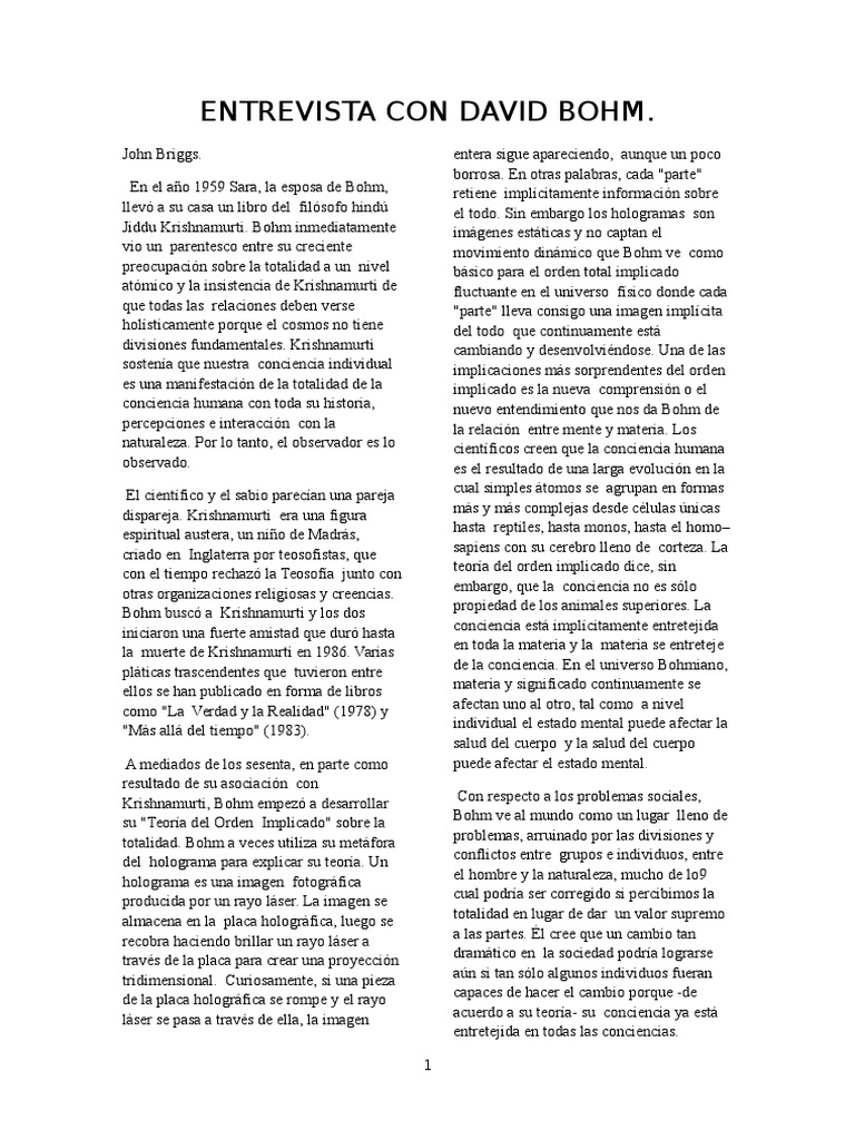 Entrevista Con David Bohm | PDF | Electrón | Mecánica cuántica
