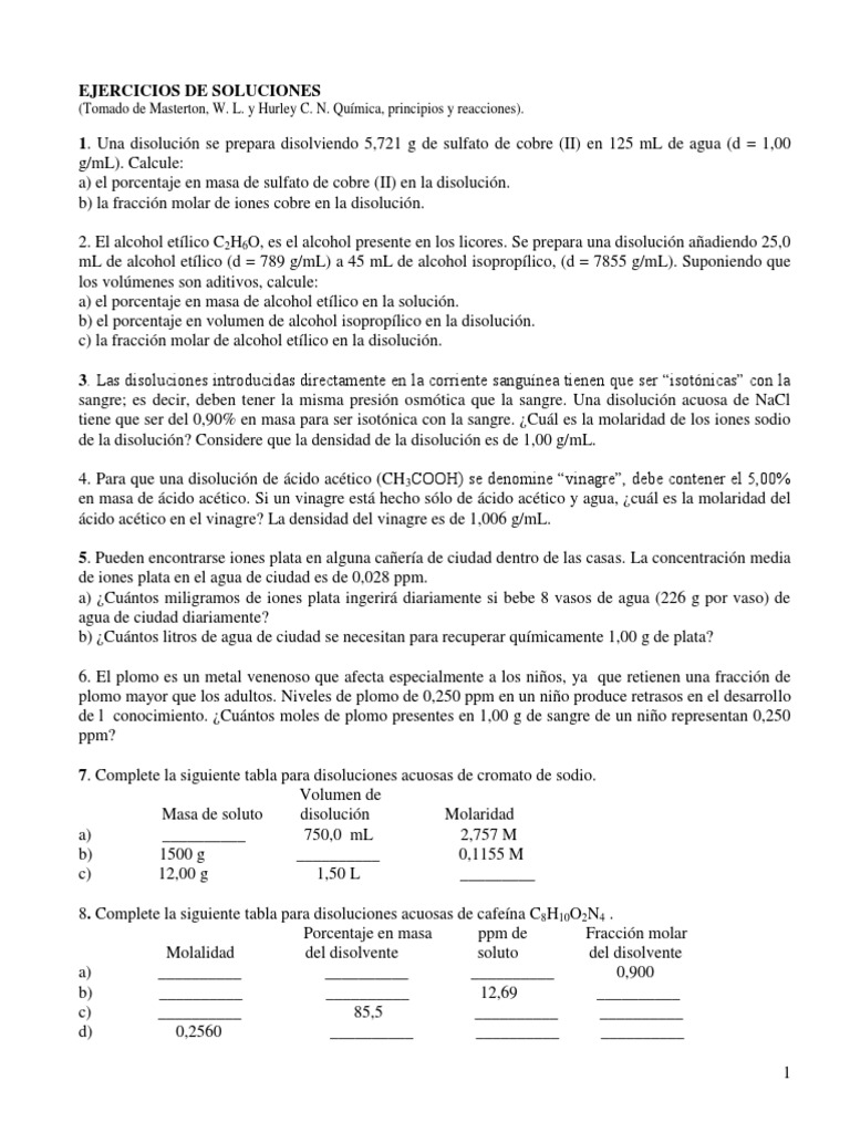 Ejercicios de Soluciones Químicas | PDF | Elementos químicos ...