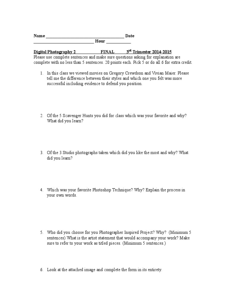 Digital Photography 2 Exam | PDF