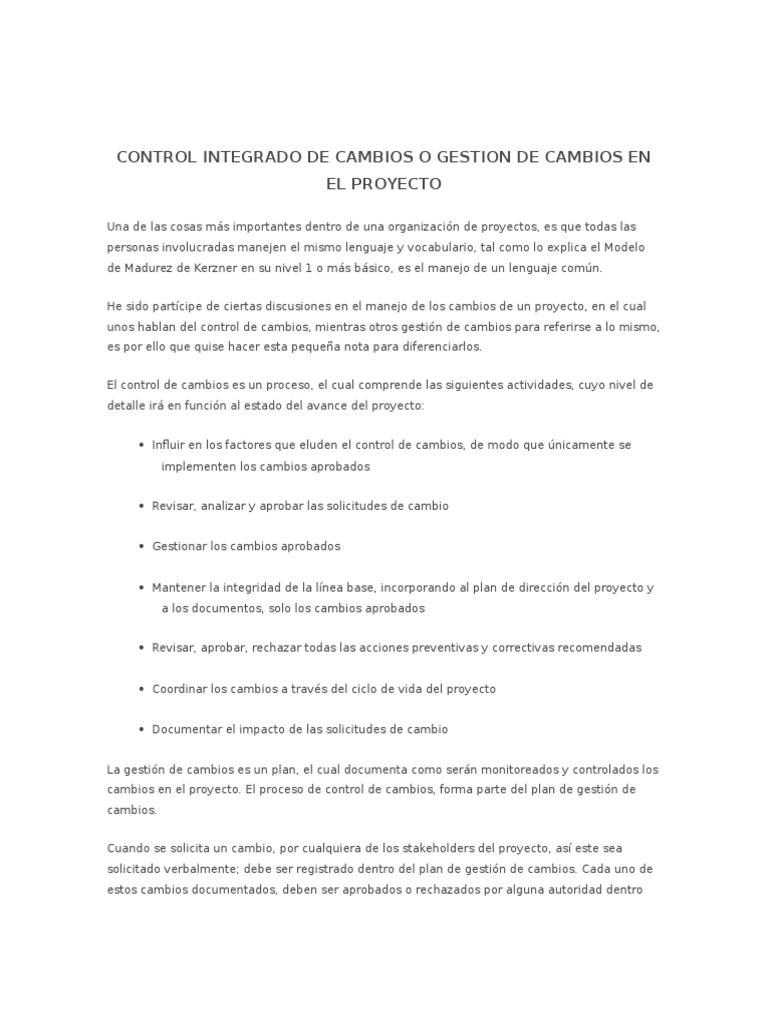 Control Integrado de Cambios o Gestion de Cambios en El Proyecto | PDF ...