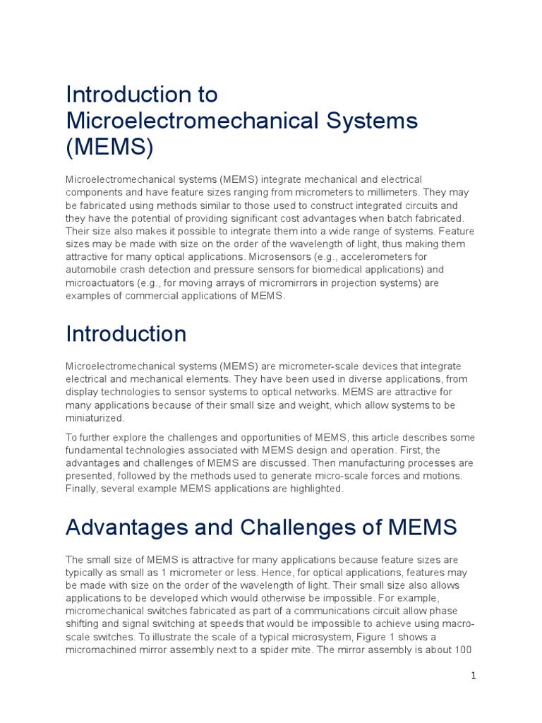 Introduction To Microelectromechanical Systems (MEMS) | PDF | Microelectromechanical Systems ...