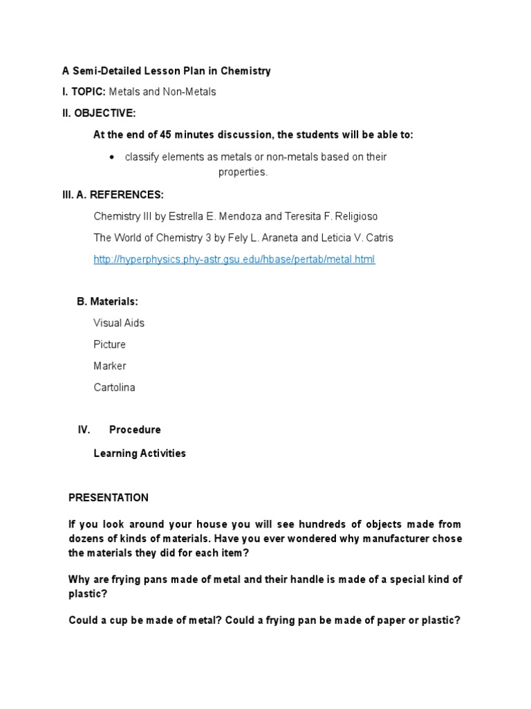 Metals and Non-Metals Lesson Plan | PDF | Metals | Electrical Conductor