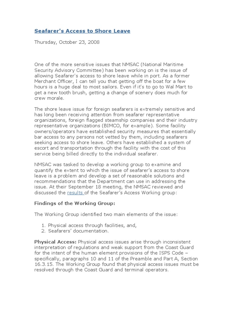 Seafarer's Access To Shore Leave | PDF | Sailor | U.S. Customs And ...