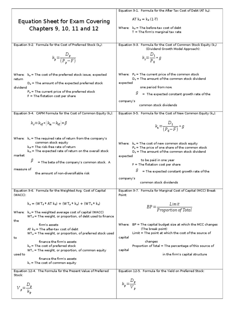FINANCE Equation Sheet Part 4 | PDF | Cost Of Capital | Stocks