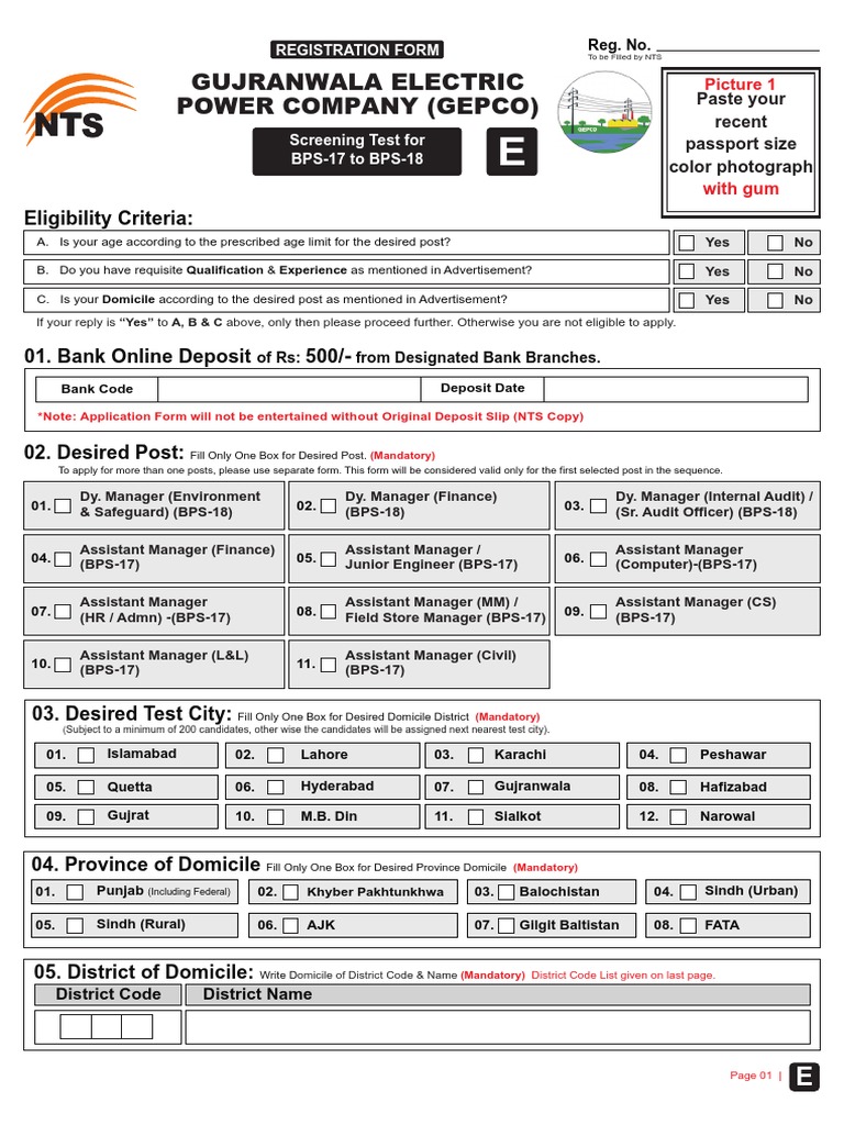 Registration Form for Screening Test for BPS-17 to BPS-18 Positions at ...