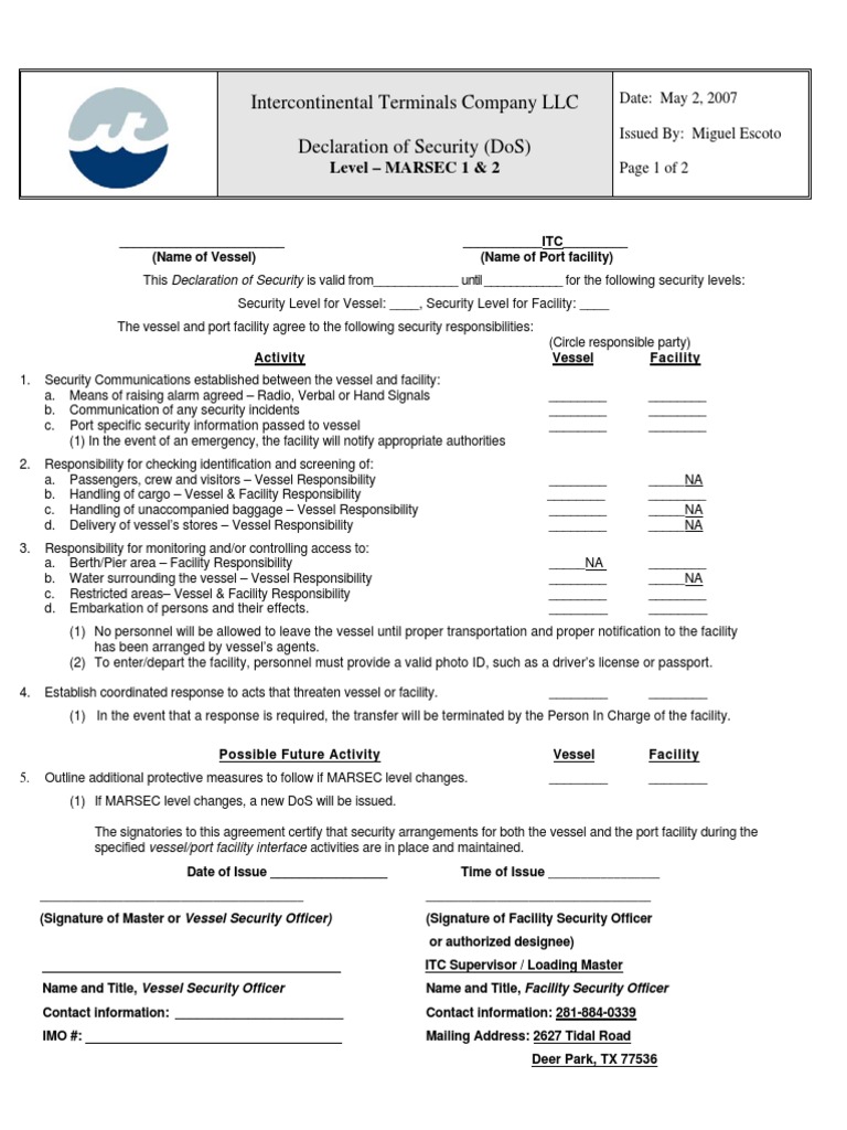 Intercontinental Terminals Company LLC Declaration of Security | PDF ...