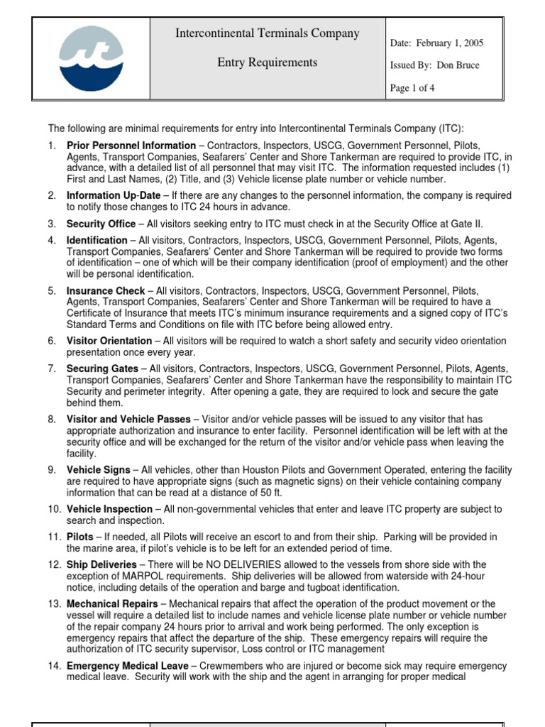 ITC Entry Requirements 2-1-05 | PDF | Sailor | Identity Document