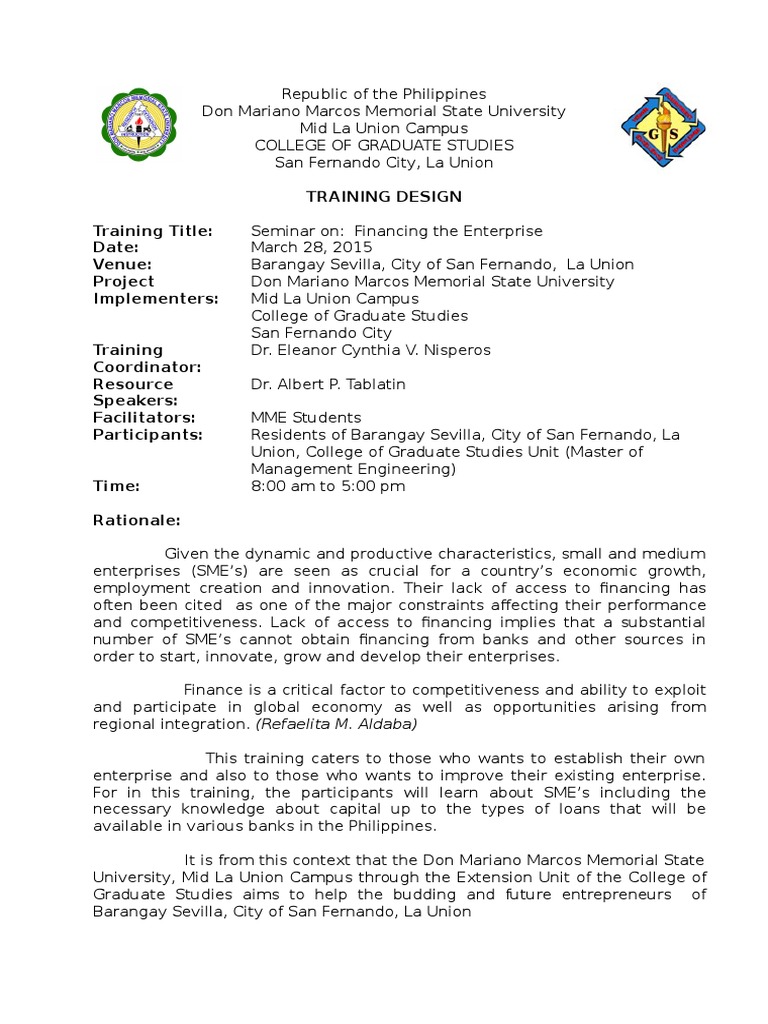 Training Design Training Title: Date: Venue: Project Implementers | PDF ...