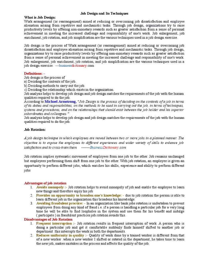 Job Design Techniques Explained | PDF | Turnover (Employment) | Employment