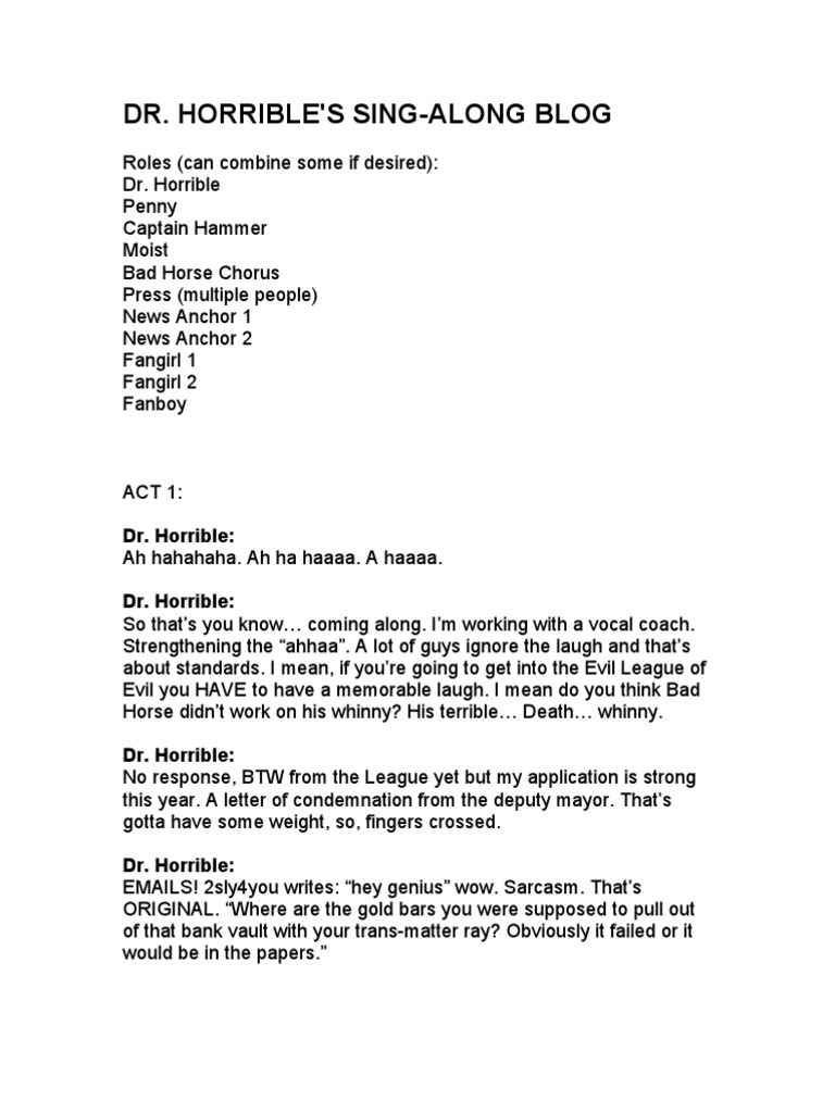 Dr. Horrible's Sing-Along Blog Script | PDF | Self-Improvement
