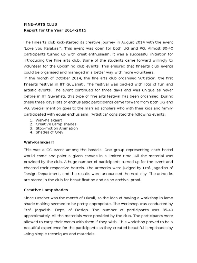 Fine-Arts Club Report For The Year 2014-2015 | PDF | Leisure