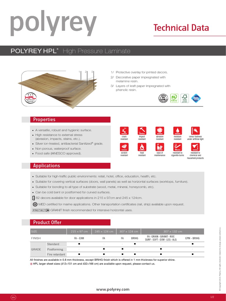 Technical Data: Polyrey HPL High Pressure Laminate | PDF | Engineering ...