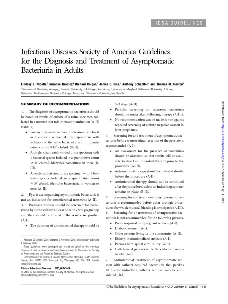 IDSA Bacteriuria Asintomatica | PDF | Urinary Tract Infection ...