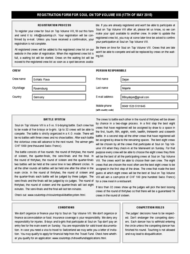 Registration Form For Soul On Top Volume Viii (17Th of May 2015) | PDF ...