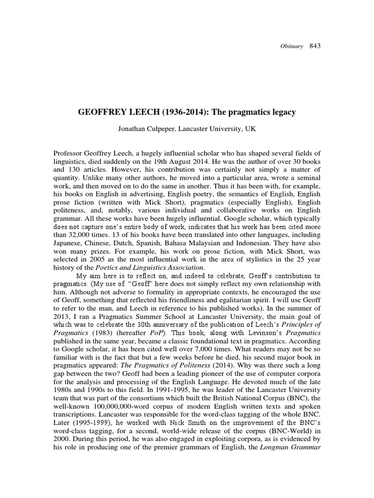 GEOFFREY LEECH (1936-2014) : The Pragmatics Legacy | PDF | Linguistics ...