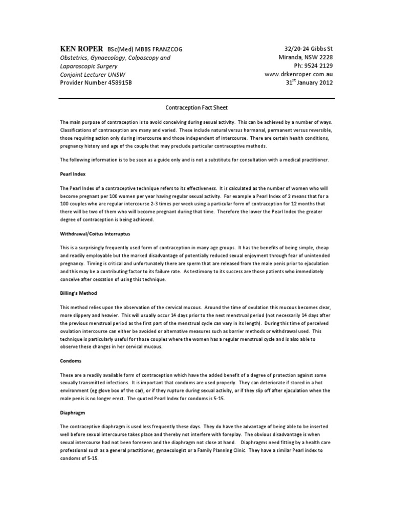 Contraception Fact Sheet | PDF | Combined Oral Contraceptive Pill ...