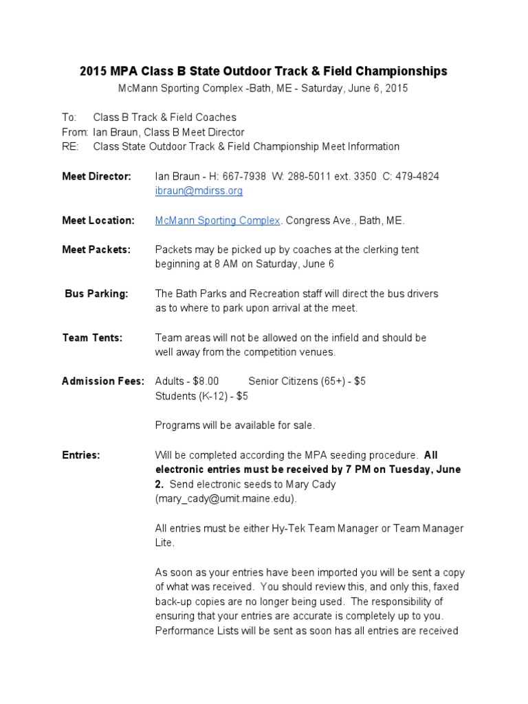 2015 Class B State Meet Coaches Info | PDF | Track And Field ...