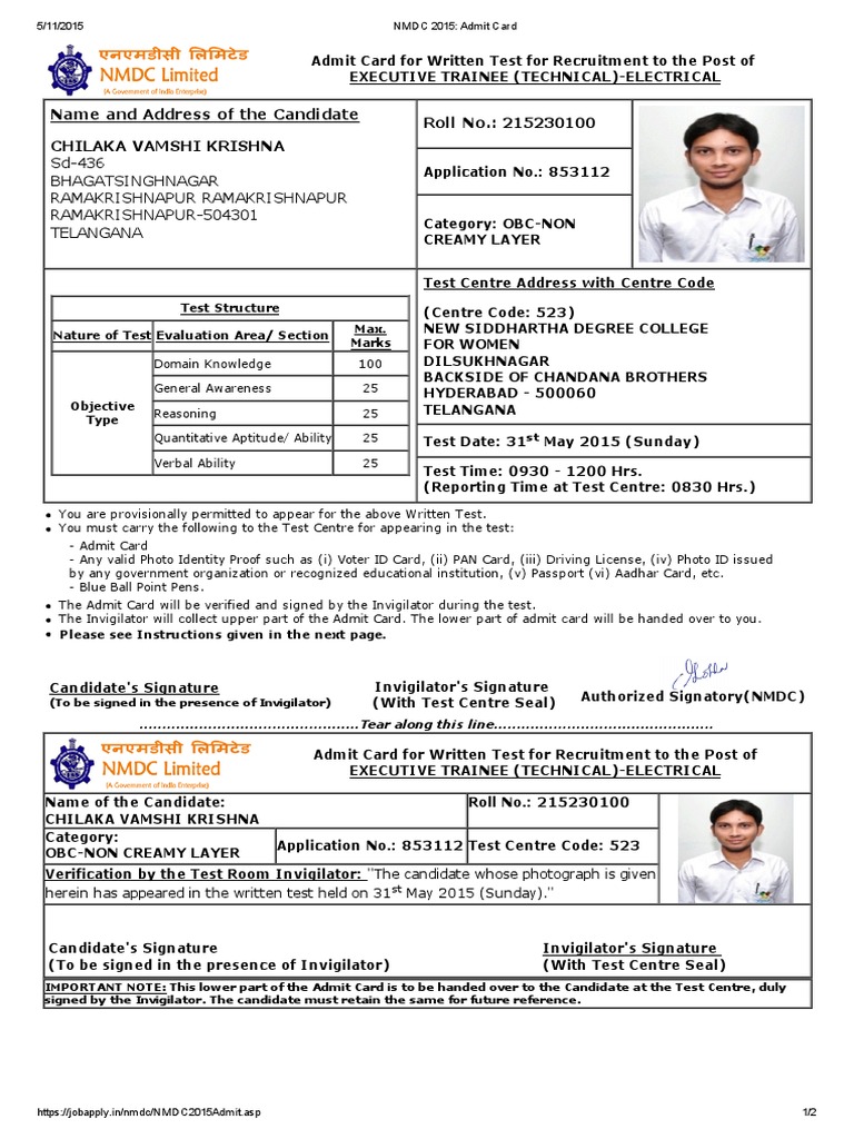 NMDC 2015 - Admit Card | PDF | Signature | Identity Document