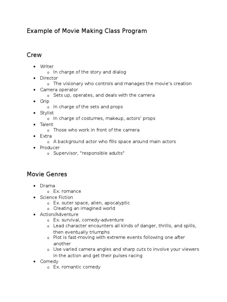 Packet For Movie Making Class | PDF | Filmmaking | Actor