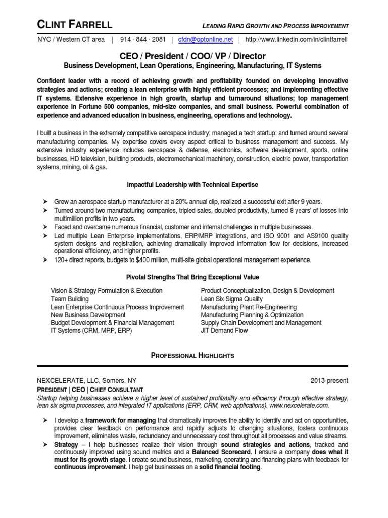 CEO President COO VP Director in New York City Resume Clint Farrell ...