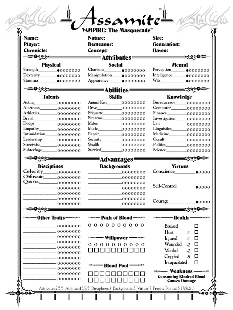 WOD - Vampire - The Masquerade - Character Sheet - Assamite | PDF