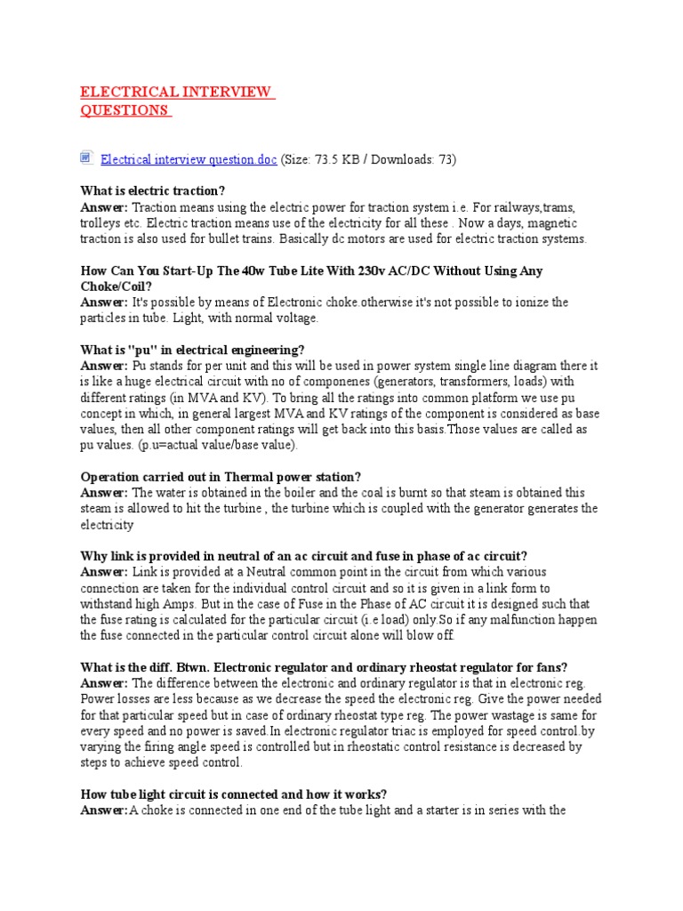 Electrical Interview Questions | PDF | Alternating Current | Series And ...