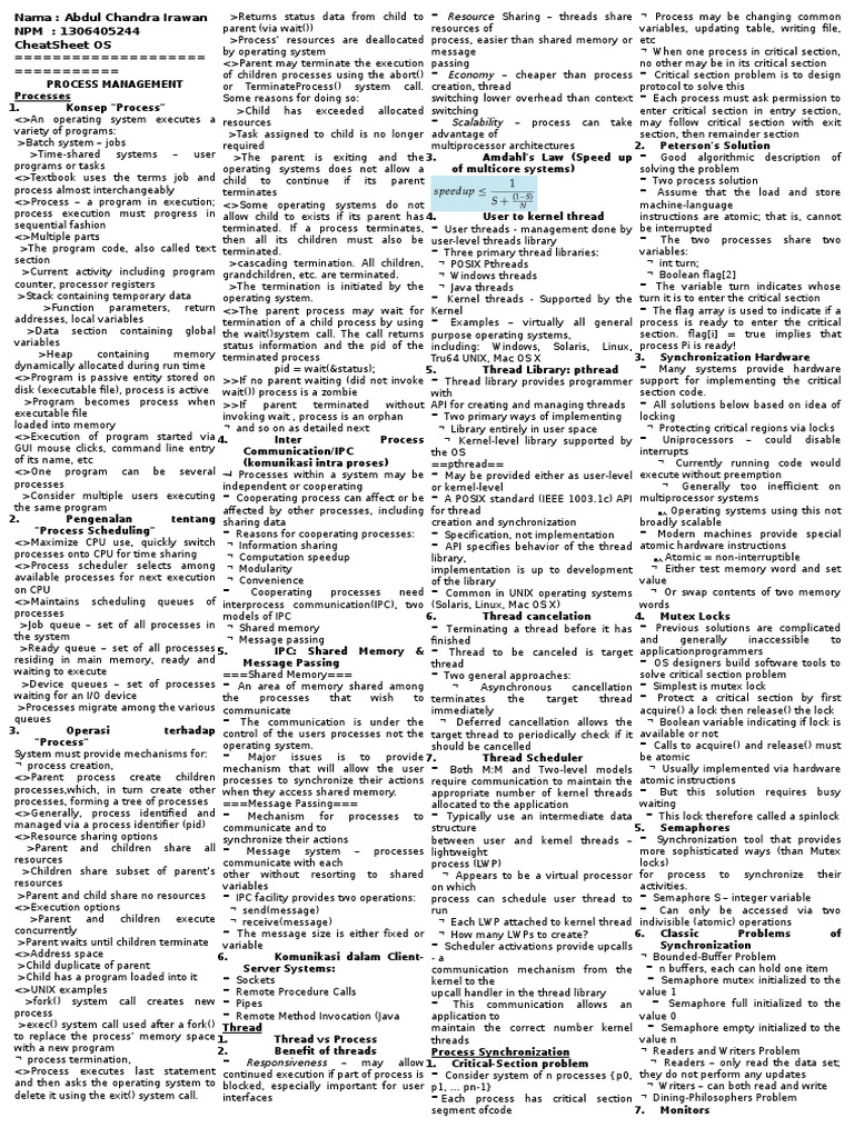 Cheatsheet OS 2 | PDF | Thread (Computing) | Process (Computing)
