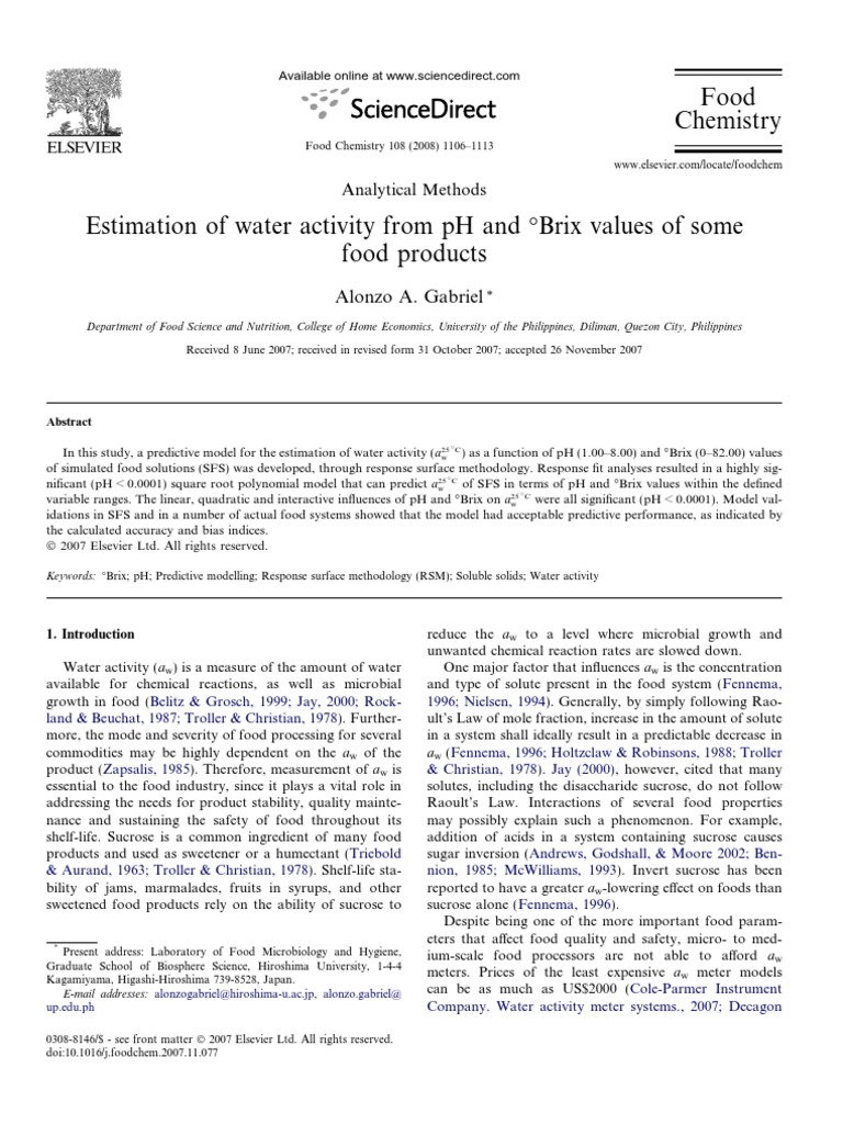 Estimation of Water Activity From PH and Brix Values of Some Food ...
