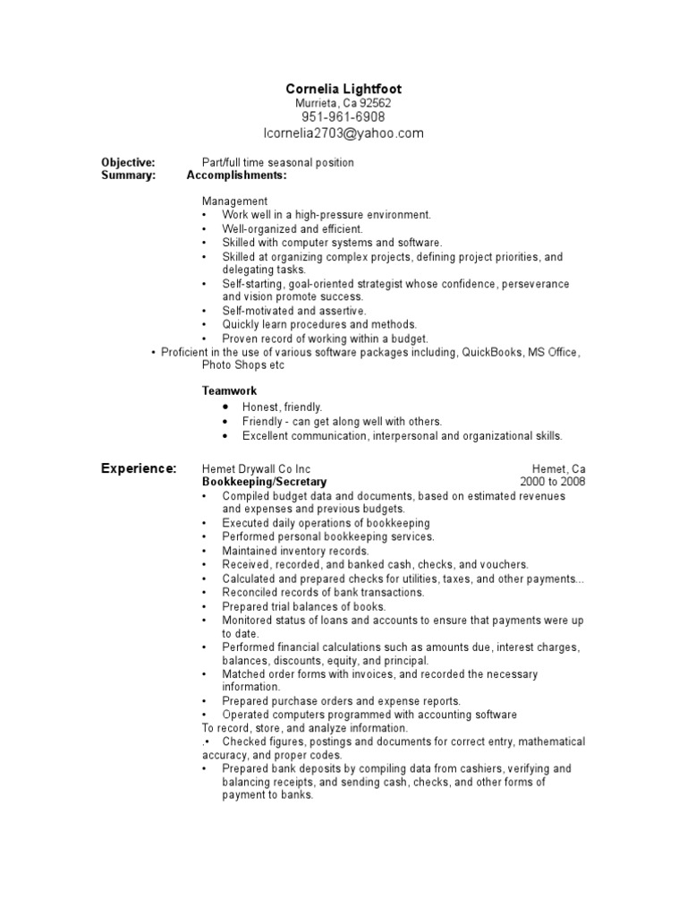 Cornelia Lightfoot Resume | PDF | Bookkeeping | Accounting