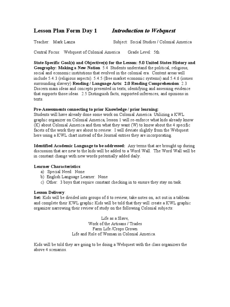 Lesson Plan Form Day 1 Introduction To Webquest | PDF | Lesson Plan ...