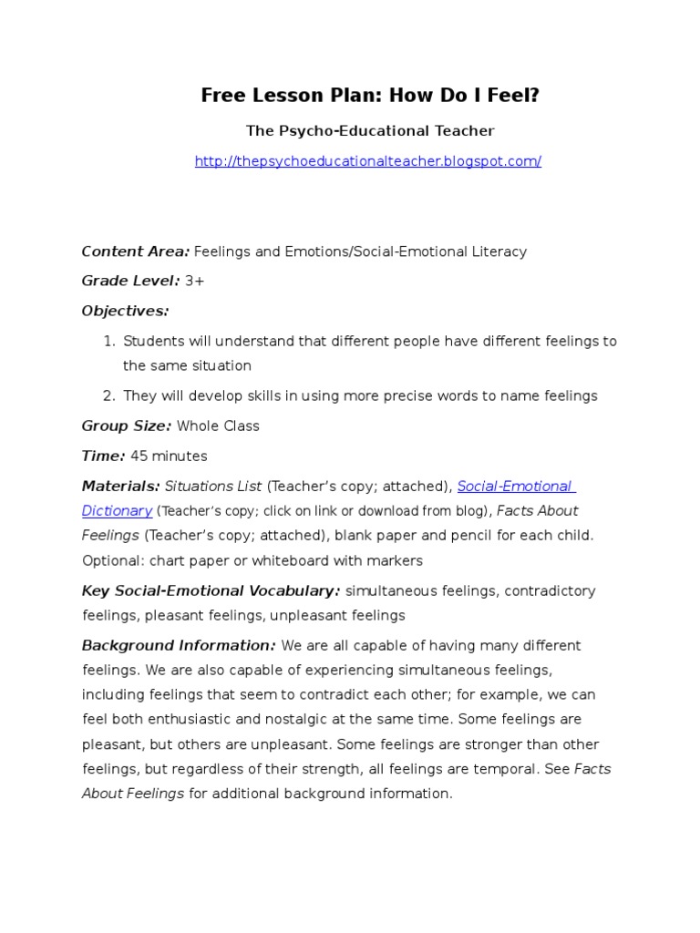 Free Lesson Plan: How Do I Feel?: The Psycho-Educational Teacher | PDF ...