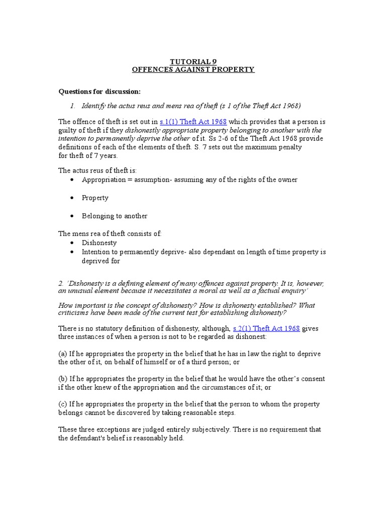 Offences Against Property Tutorial | PDF | Dishonesty | Theft