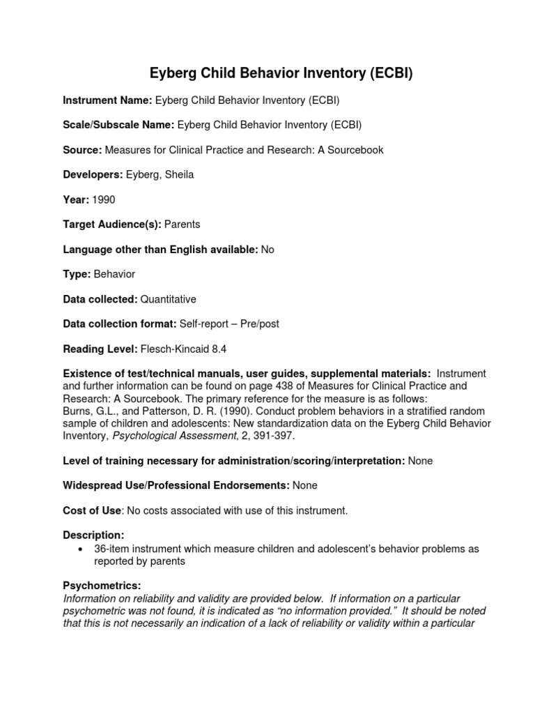 Eyberg Child Behavior Inventory Overview | PDF | Psychometrics ...
