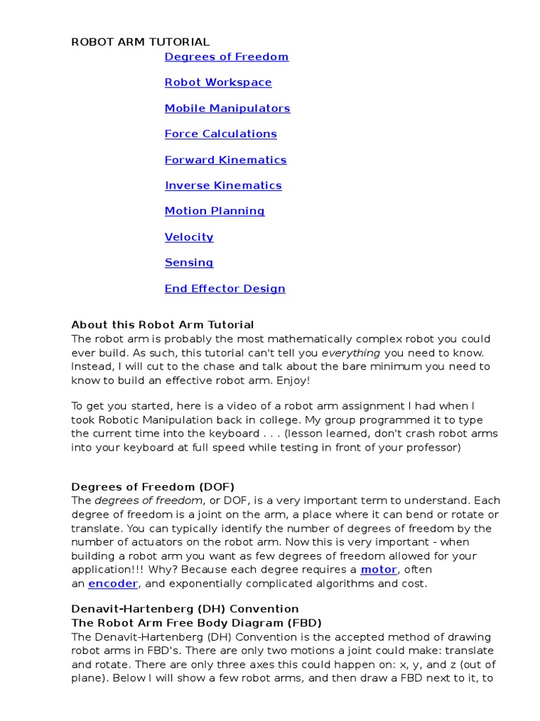 Robot Arm Tutorial Guide | PDF | Torque | Robot