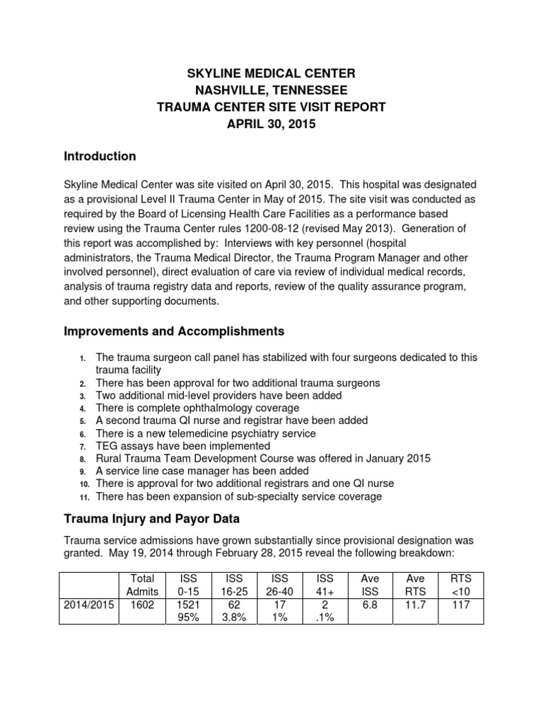 Skyline Medical Trauma Center Site Visit Report | PDF | Major Trauma ...