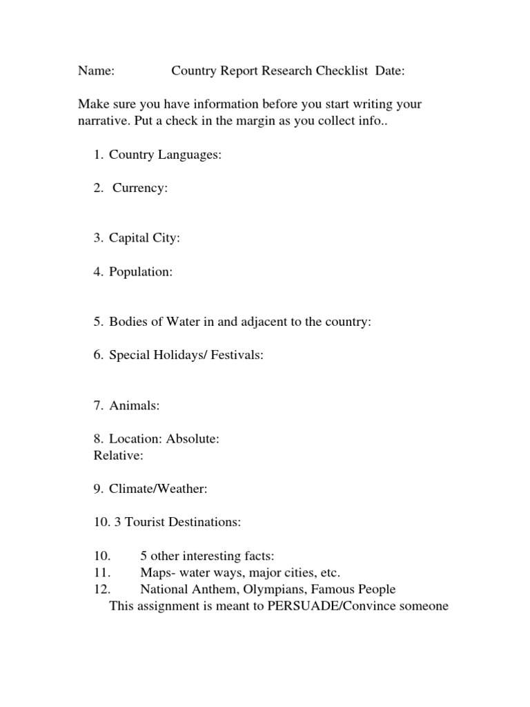 Country Report Research Checklist Date | PDF