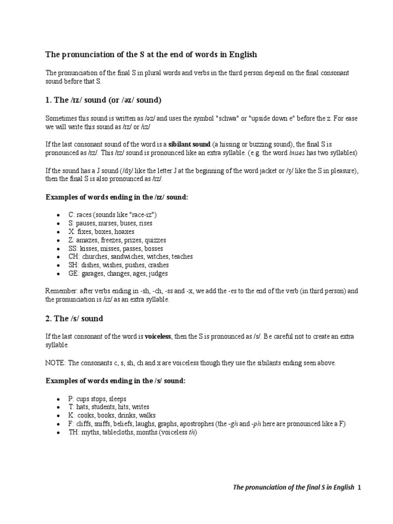 The Pronunciation of The S at The End of Words in English | PDF ...