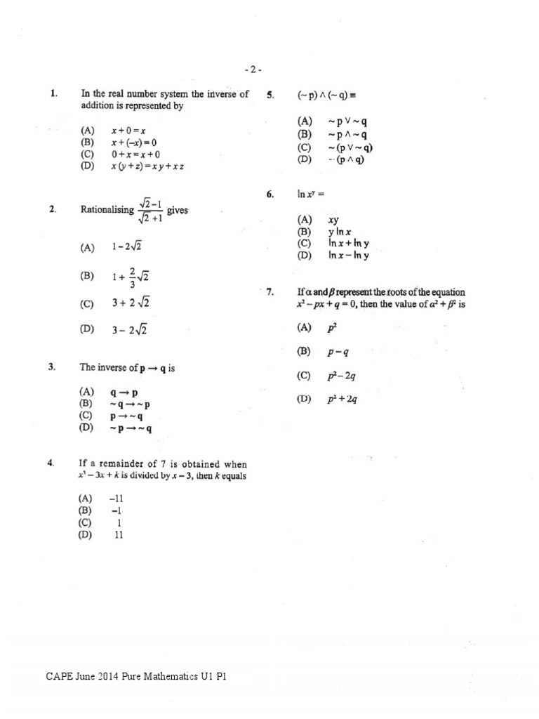 Cape Unit 1 Pure Mathematics (2014) P1