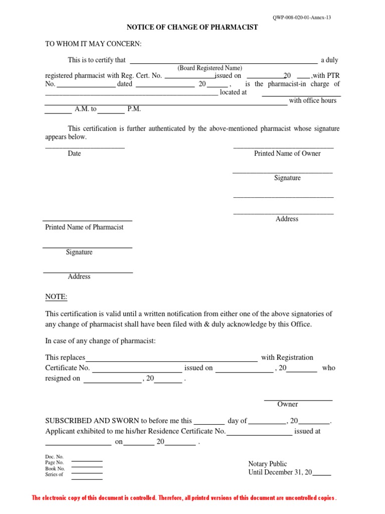 Notice of Change of Pharmacist-Drug and Cosmetic | PDF