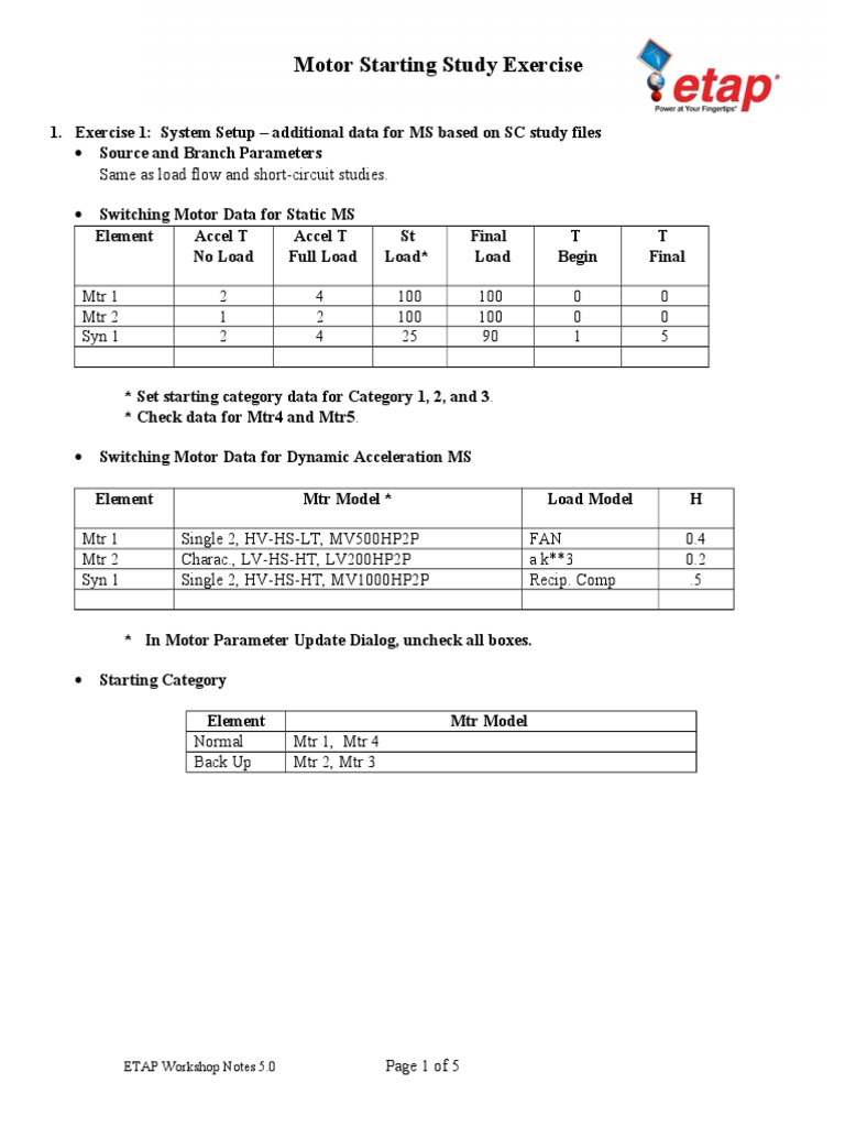 Motor Starting Study Exercise ETAP PDF | PDF | Switch | Structural Load