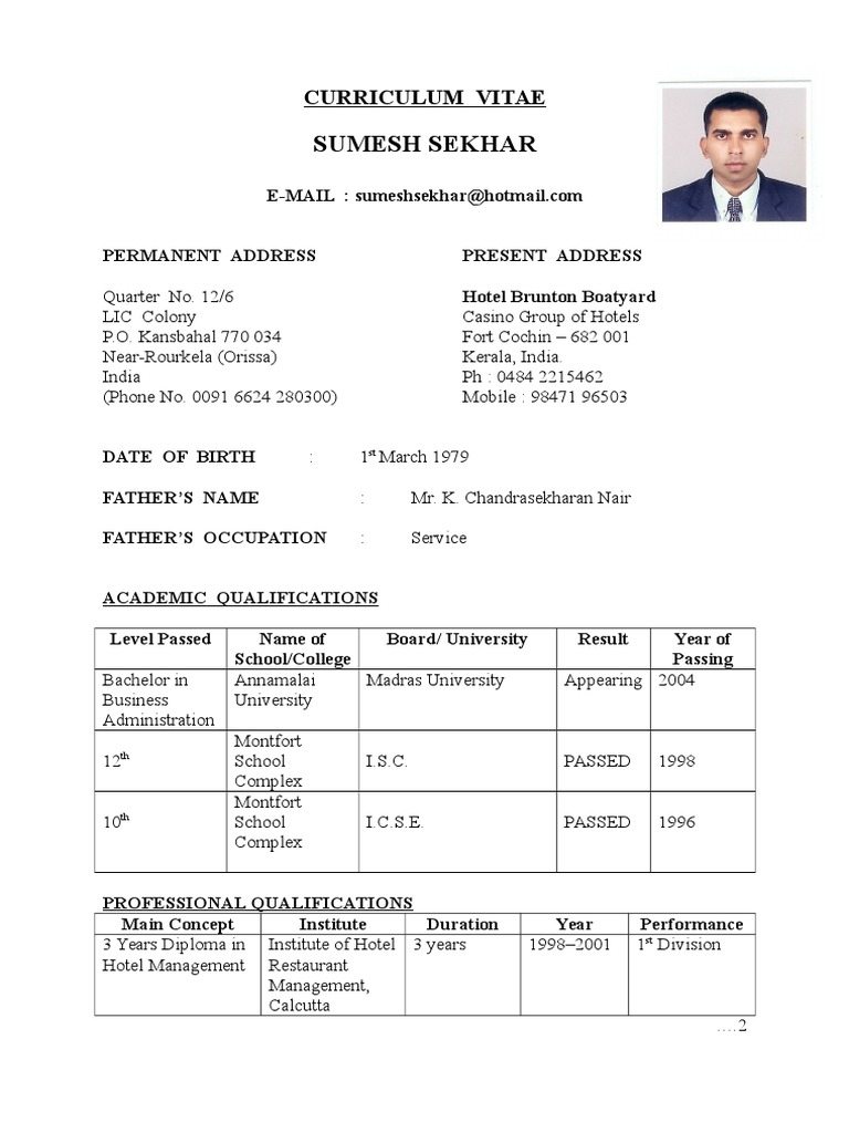 Sumesh Sekhar: Curriculum Vitae | Download Free PDF | Hotel And Accommodation