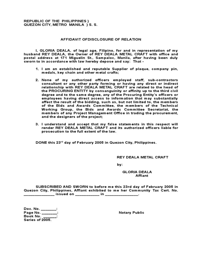 AFFIDAVIT OF DISCLOSURE OF RELATIONSHIP.doc | Philippines | Affidavit