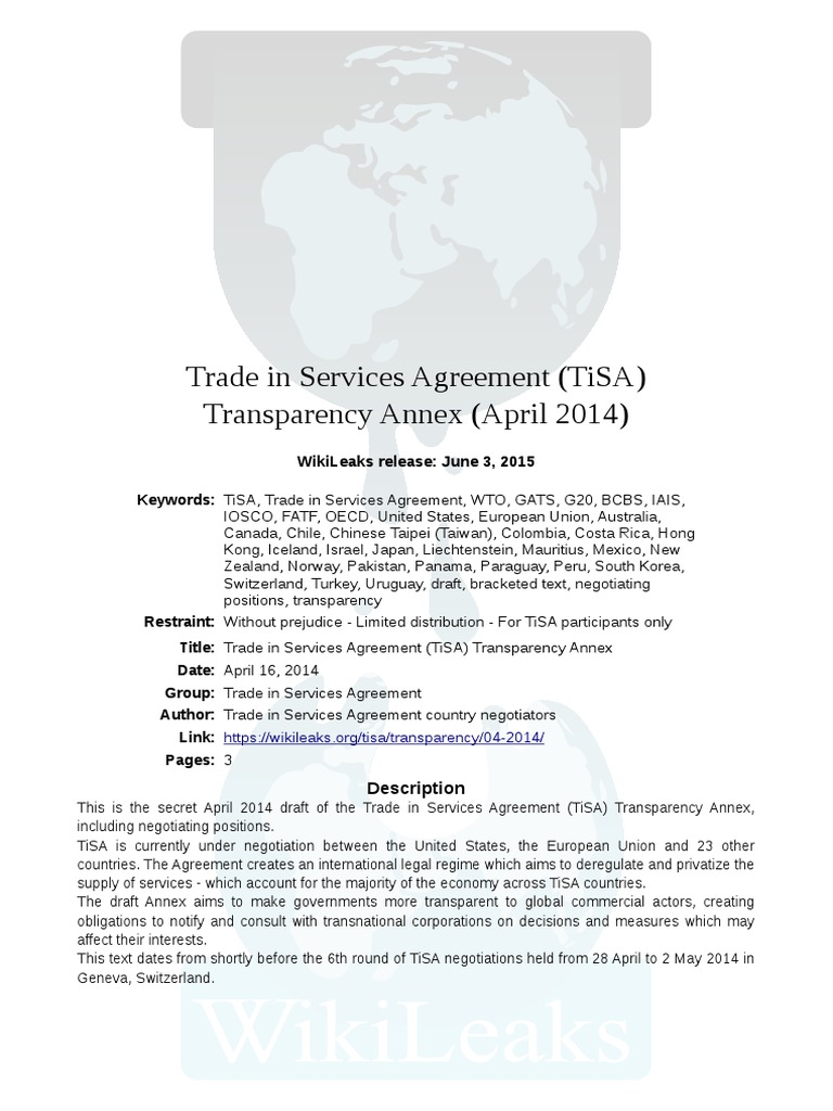 TiSA Transparency Negotiating Text | PDF | General Agreement On Trade ...