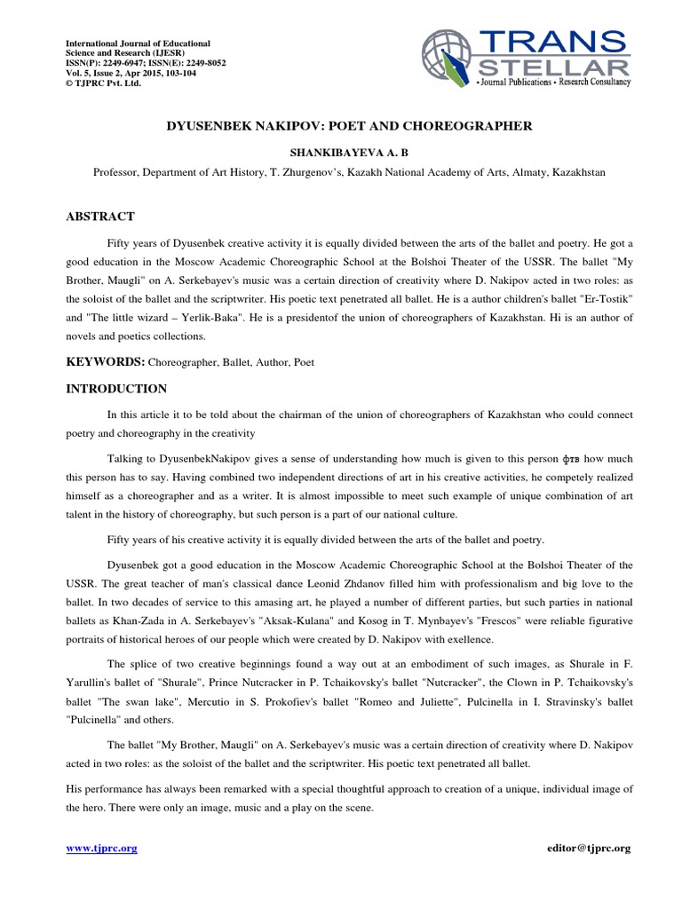 Edu Sci - IJESR - Dyusenbek Nakipov - Shankibayeva | Download Free PDF | Ballet | Dances