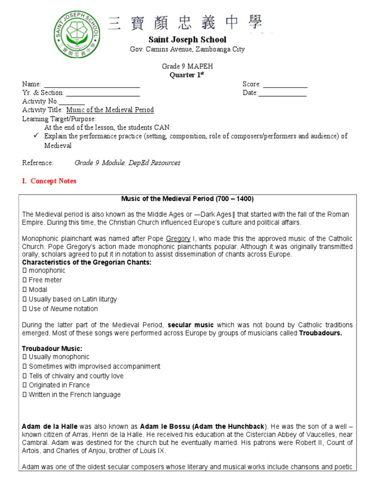 Grade 9 Medieval Music Activity | PDF | Gregorian Chant | Middle Ages