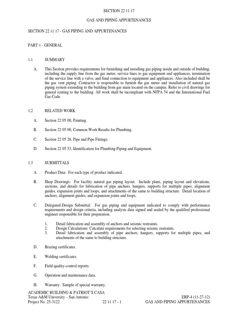 22 11 17 - Gas Pipe and Appurtenances | PDF | Pipe (Fluid Conveyance ...