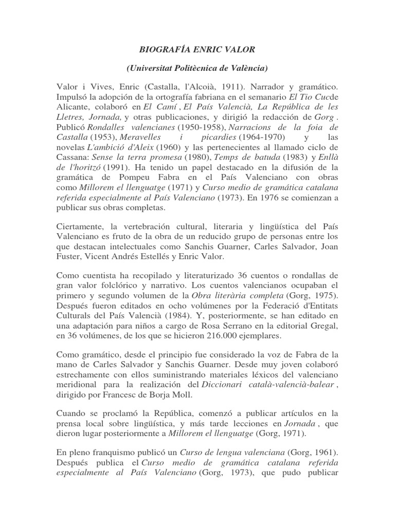 Biografía Enric Valor | PDF | Lingüística | Personas