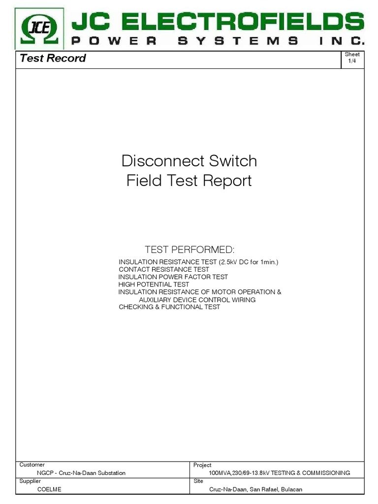 Disconnect Switch Testing Report | PDF | Electrical Substation | Switch