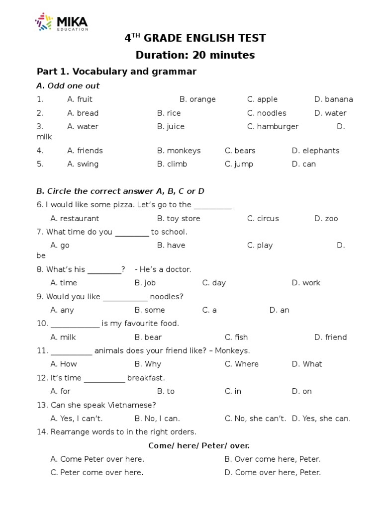 4th Grade English Test Practice | PDF